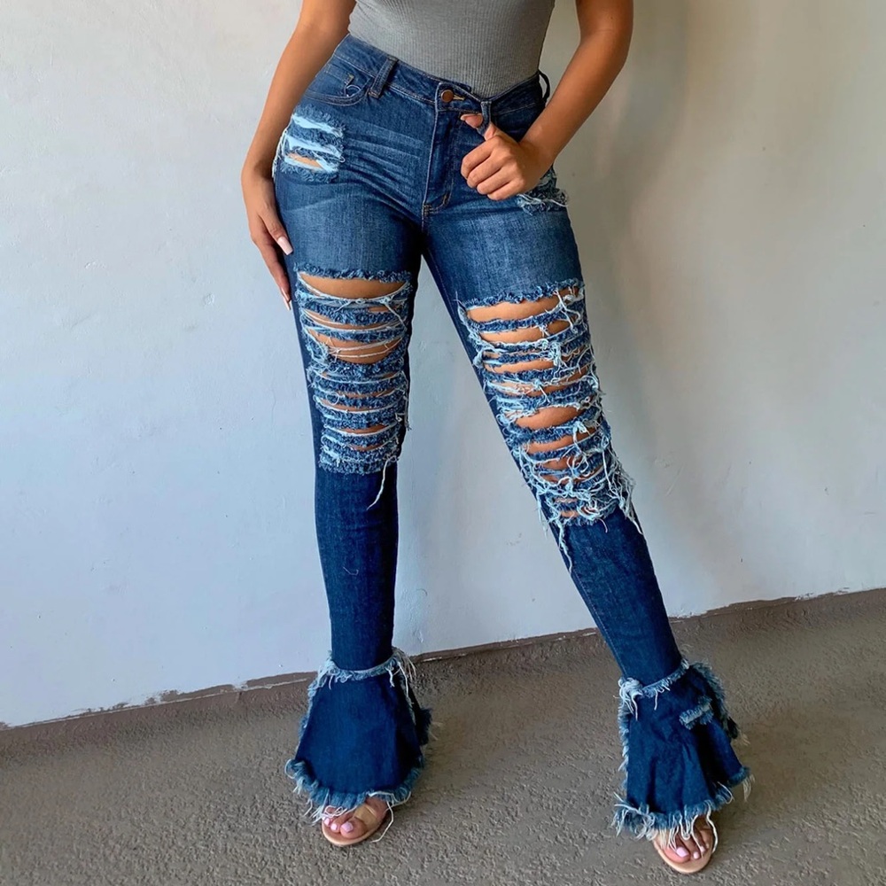 Fashion Nova Dark Blue Distressed Flare Jeans - Gem